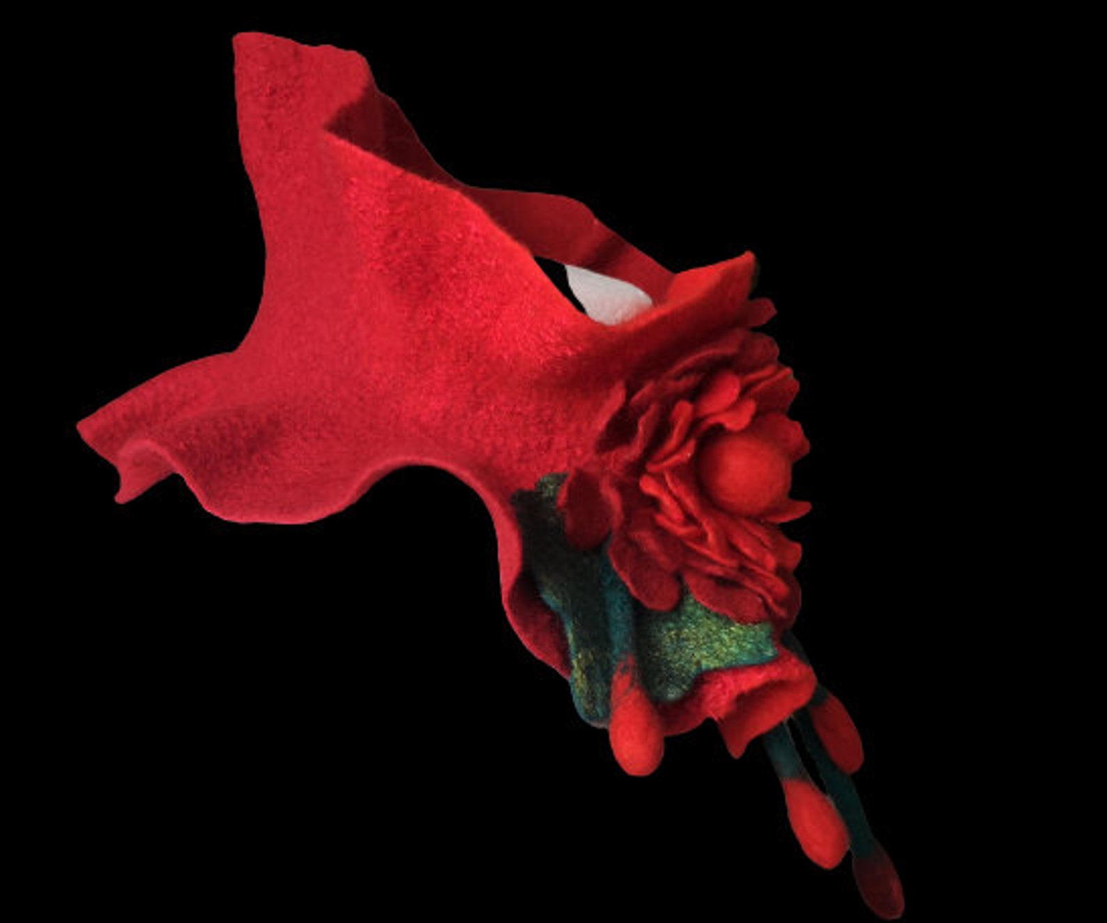 Ruffle Scarf. Fire Red Wavy Neck Warmer. Ruff With Flower Merino Wool ...