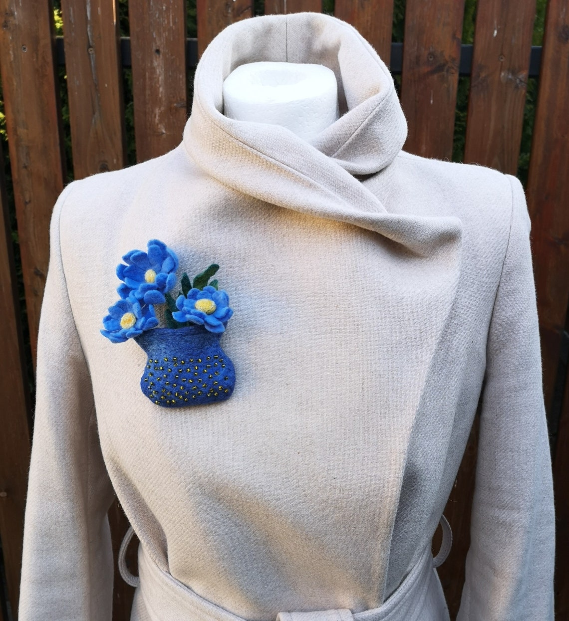 Jug of Flowers Felted Brooch, Blue Flower Pin, Wool Jewellery, Merino ...