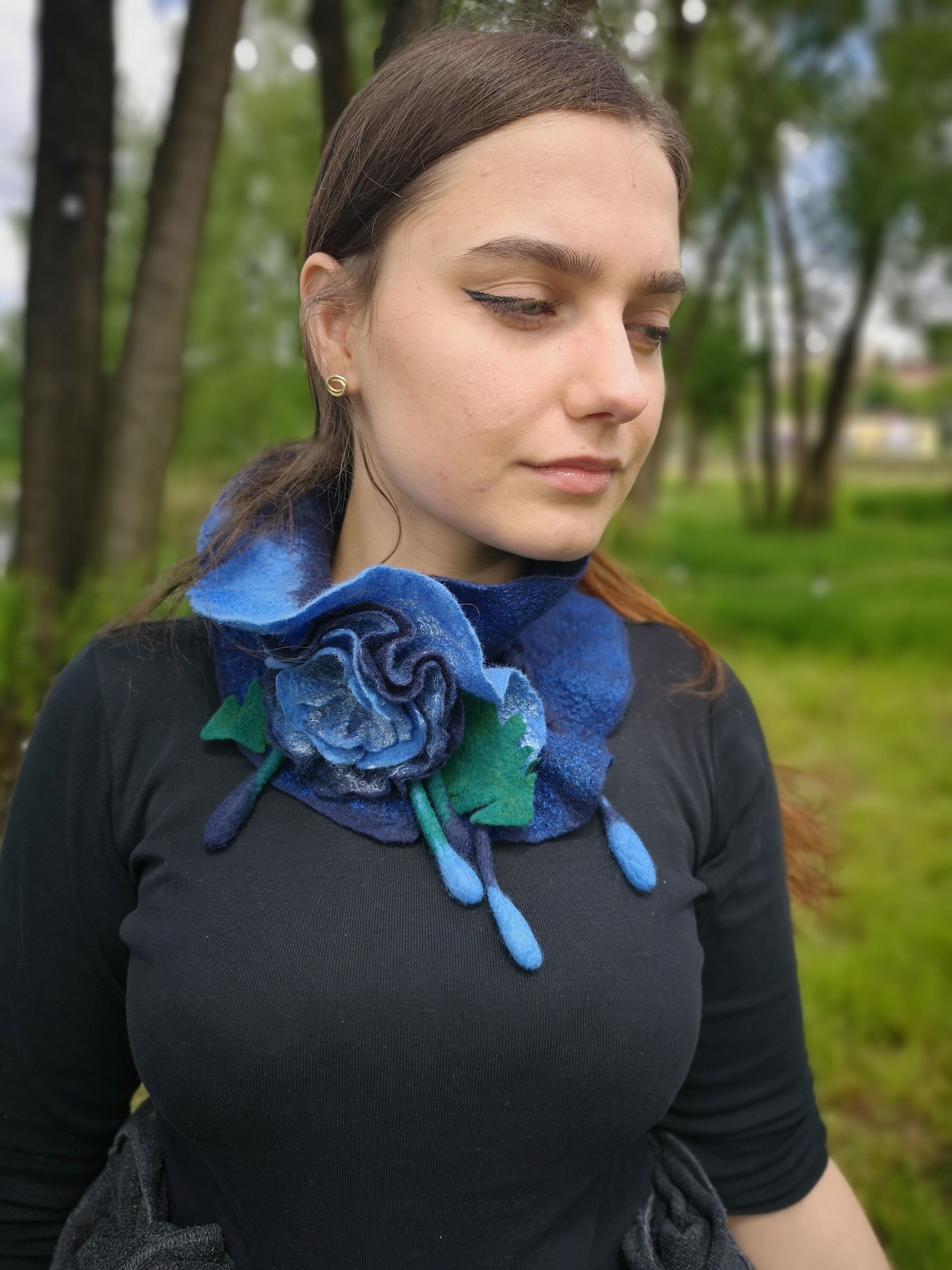 Navy Blue Ruffle Scarf for Women. Handmade Wavy Collar With Flower ...