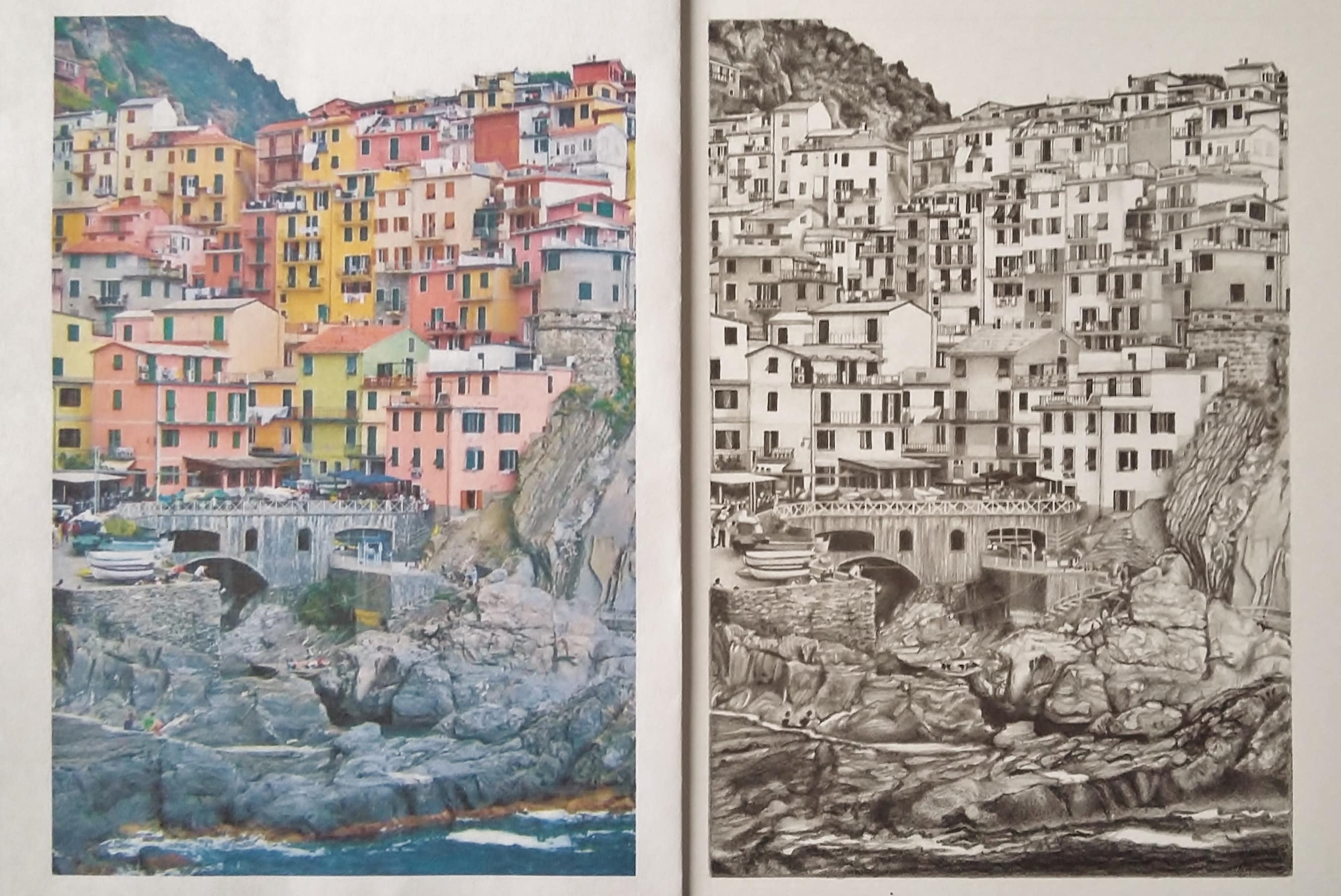 Cinque Terre Disegno a matita bianco e nero paesaggio Liguria Italia da ...