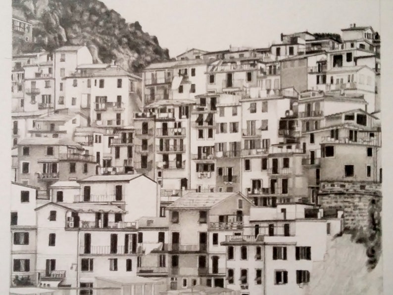 Cinque Terre Paesaggio Ritratto di un Viaggio Panorama Disegno a matita ...