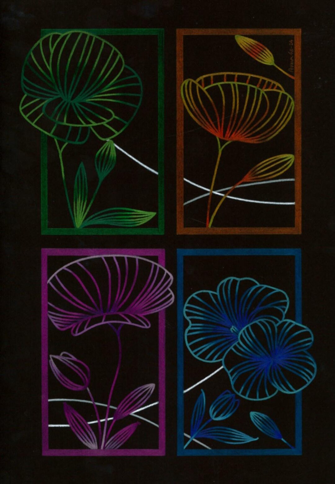 Four Seasons Flower Drawing in Colored Pencils Stylized Drawing Floral ...