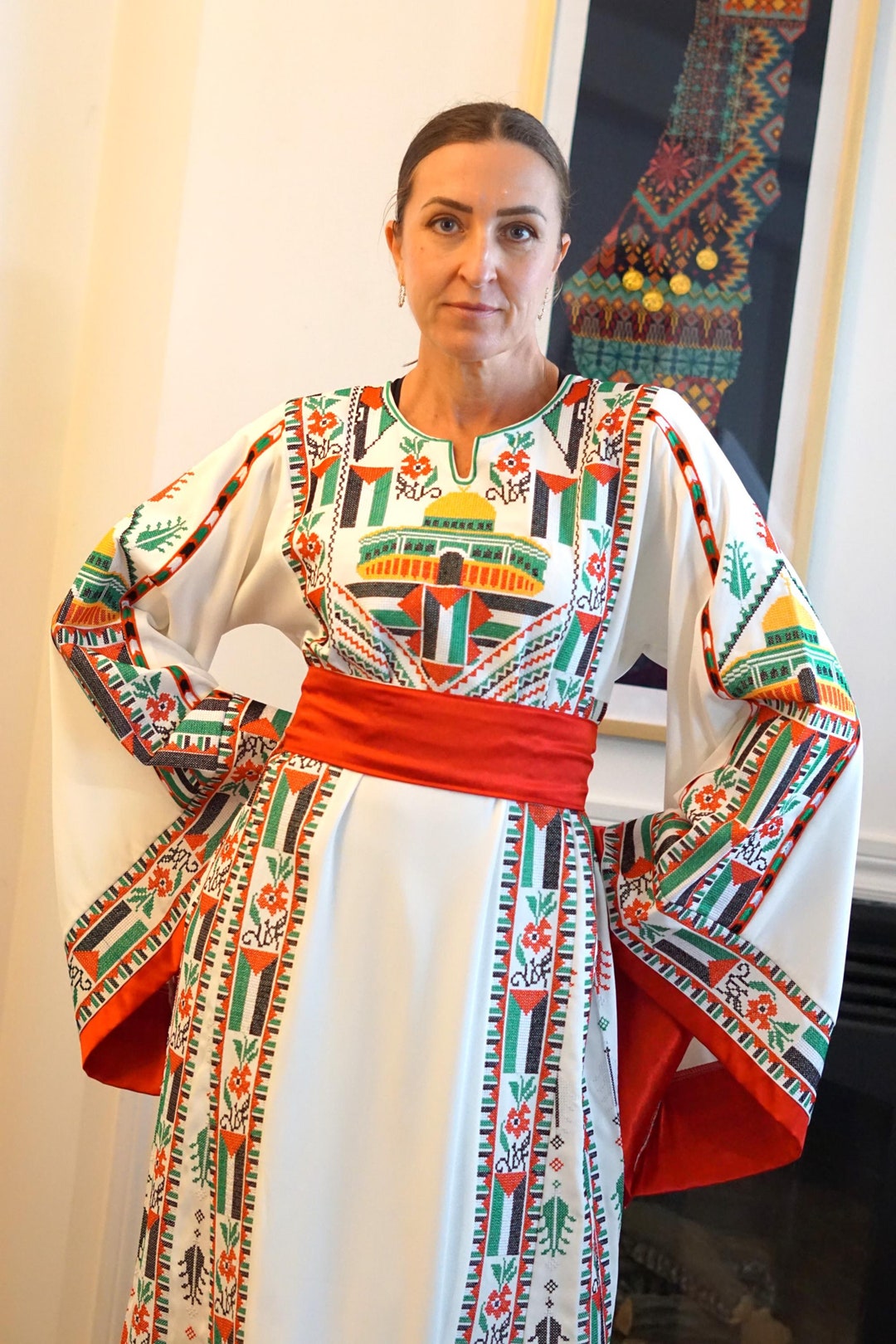 White & Red Satin Bridal/henna "falasteen 7ora" Palestinian Machine ...