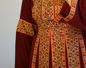 Palestinian Beige & Burgundy Traditional Fit and Flare Tatreez ...