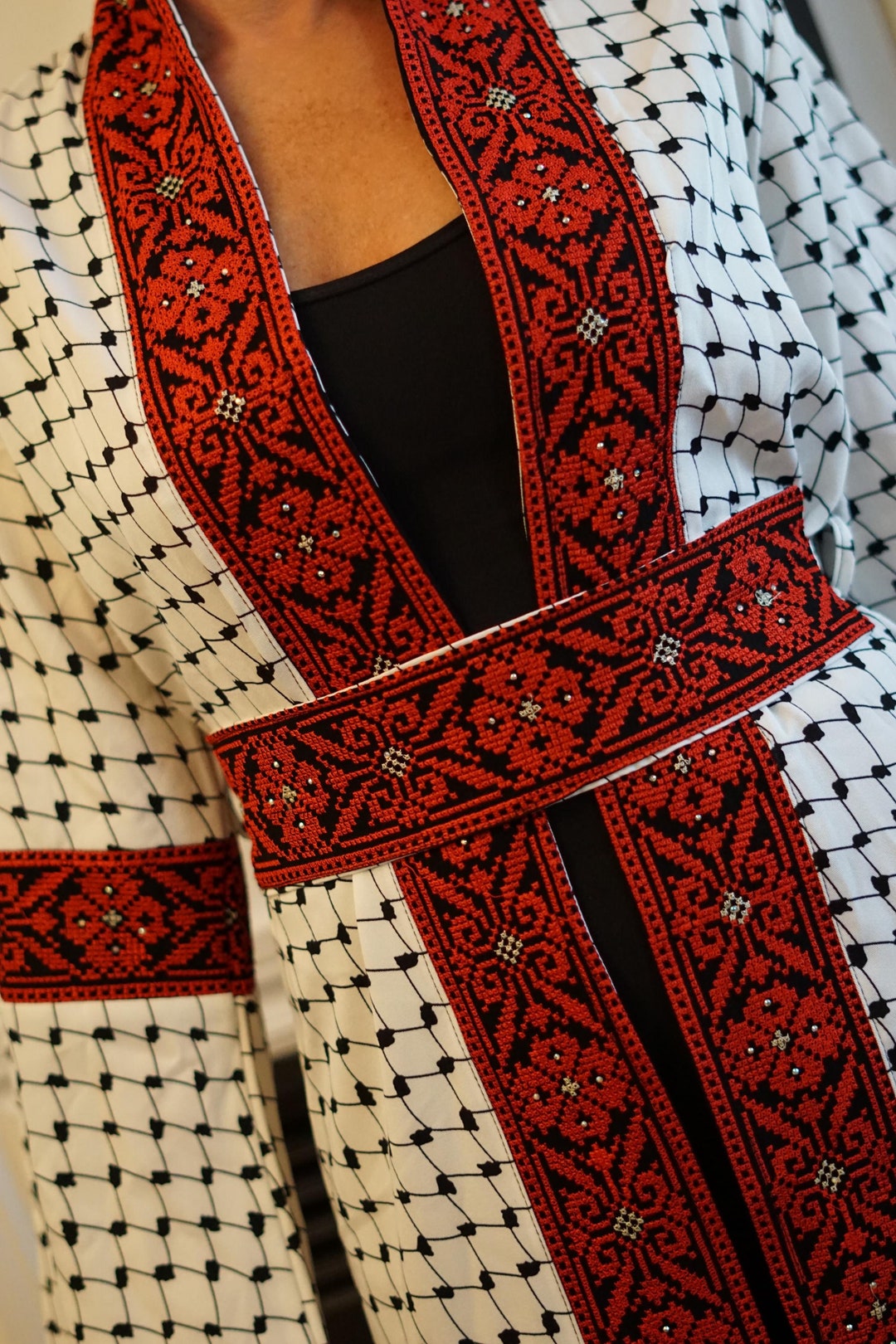 Palestinian Tatreez Machine-embroidered Maxi Length Keffiyeh Belted ...