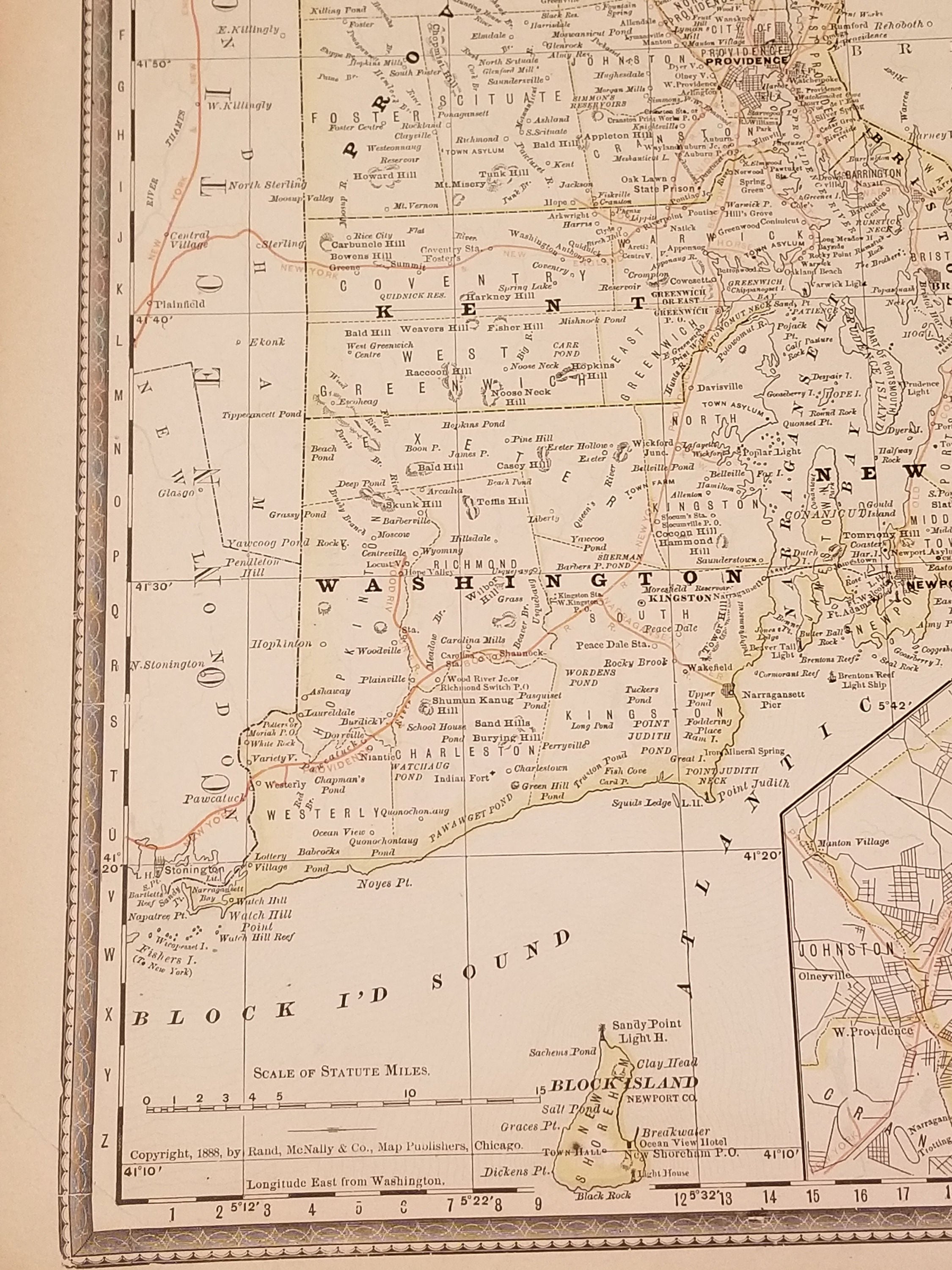 Rhode Island Antique Map, RI Map, Old Map, Rand Mcnally, 1891 Atlas ...