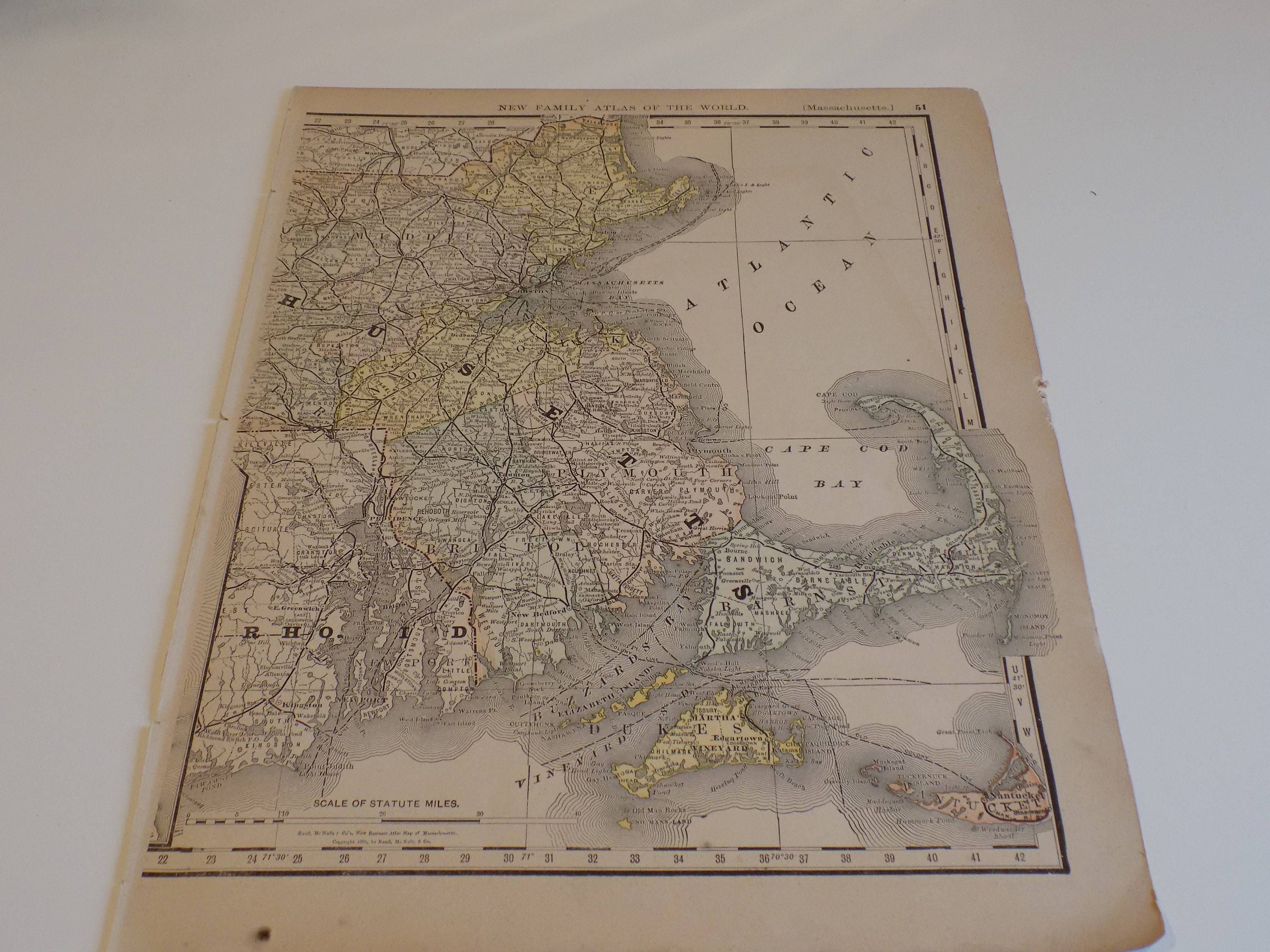 Rhode Island Antique Map, RI Map, Old Map, Rand Mcnally, 1891 Atlas ...