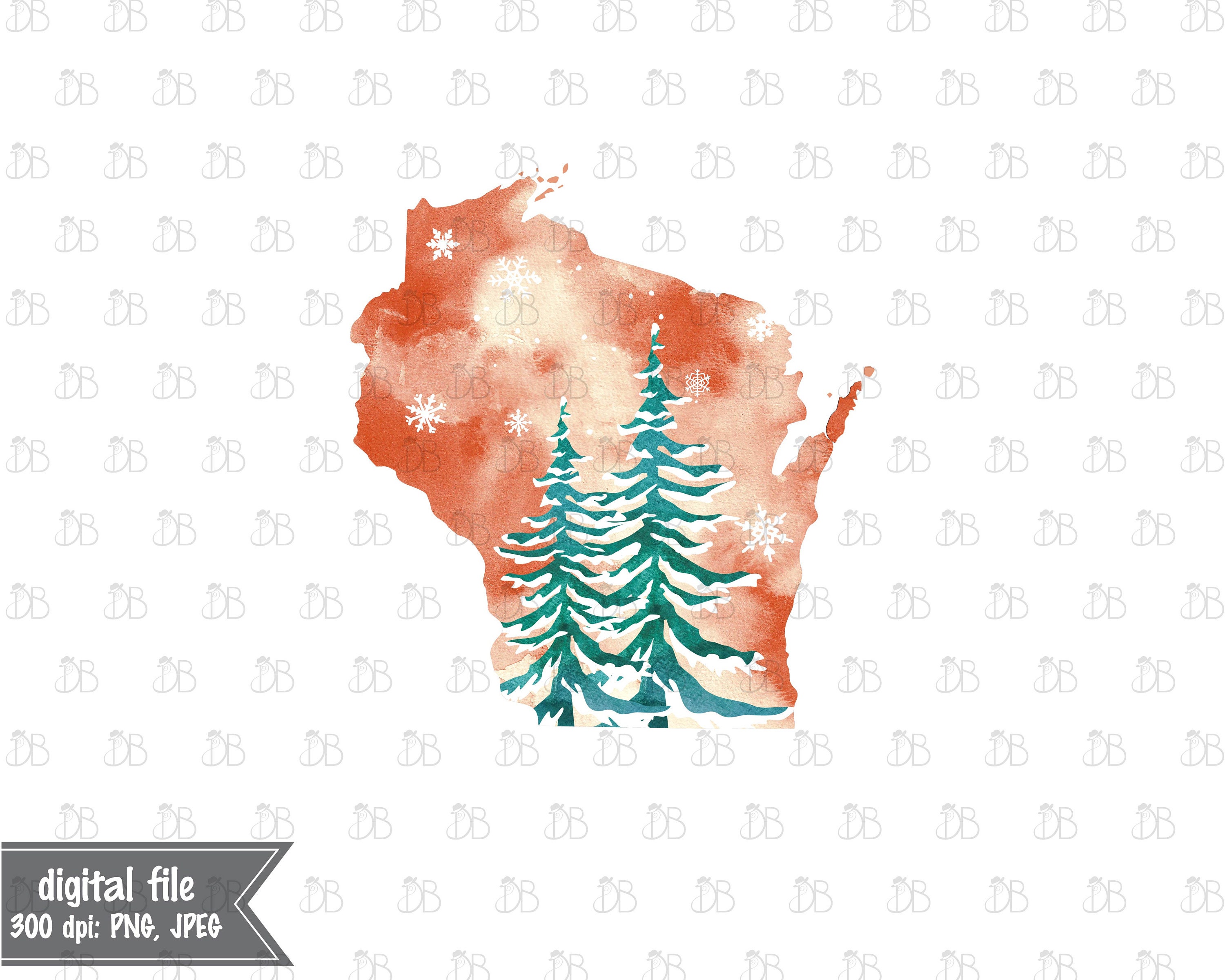 Wisconsin State Winter Watercolor Rustic Design Sunset Christmas Tree ...