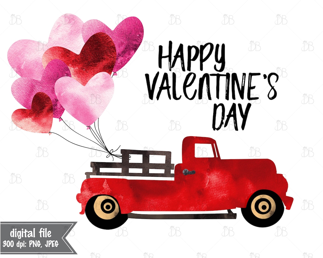Vintage Red Truck Valentine's Day Watercolor Graphic - INSTANT DIGITAL ...