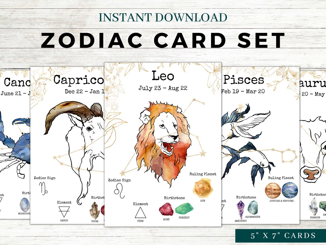 Buy Set of 12 Zodiac Cards Printable, Zodiac Signs Cards, Zodiac Sign ...