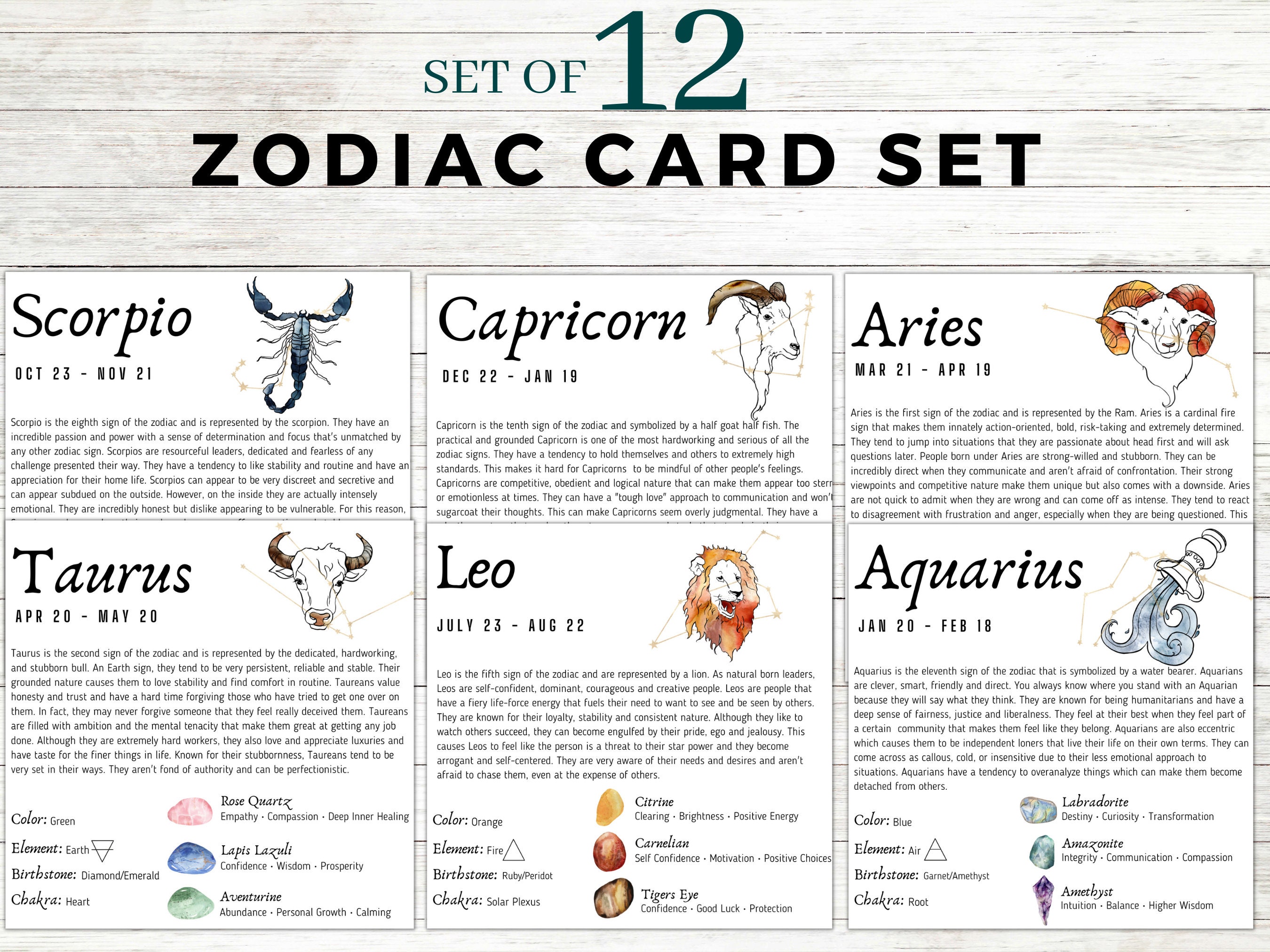 Set of 12 Zodiac Cards Printable Zodiac Signs Cards Zodiac - Etsy