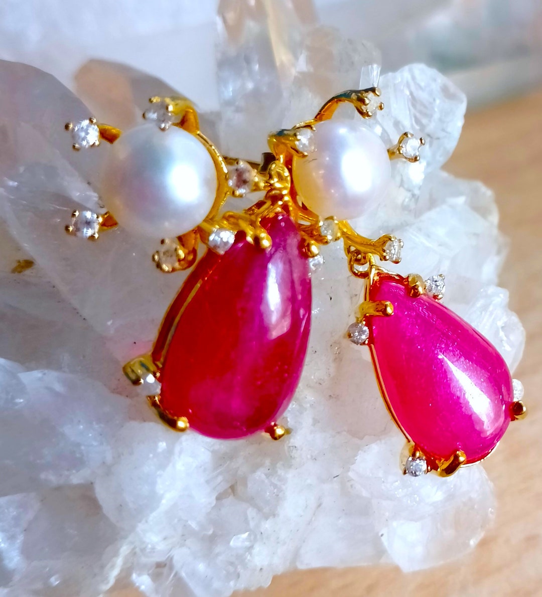 18x10!!! Mm.natural Ruby and White Pearl 925 Silver Sterling Golden ...