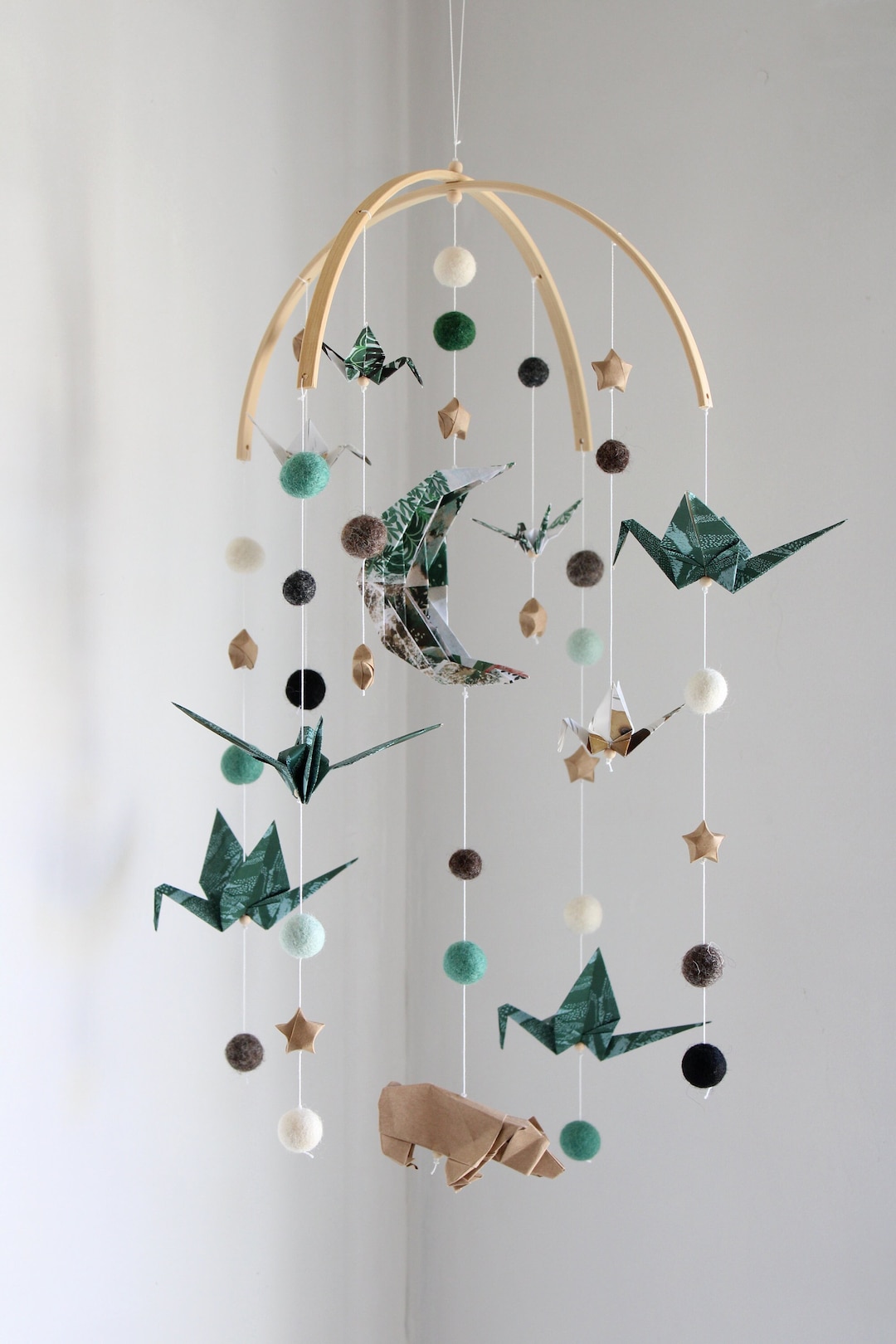 Mobile Crescent Moon, Stars, Cranes & Brown Bear Origami and Felted ...