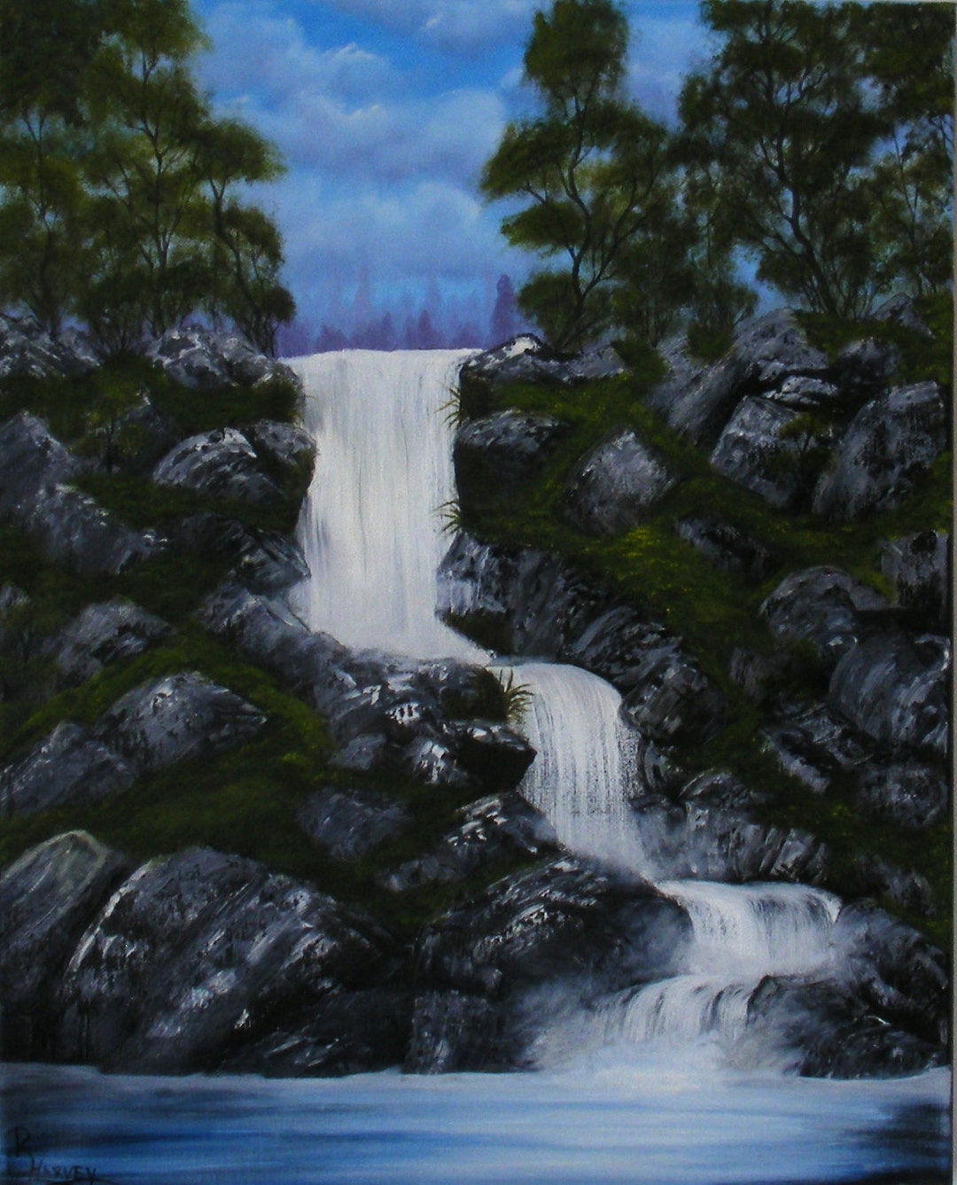 Original Landscape Oil Painting Rock, Waterfall, on Canvas Carving a ...
