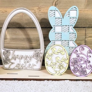 Happy Easter Set With Bunny, Basket, and 6 Easter Eggs With Stands and ...