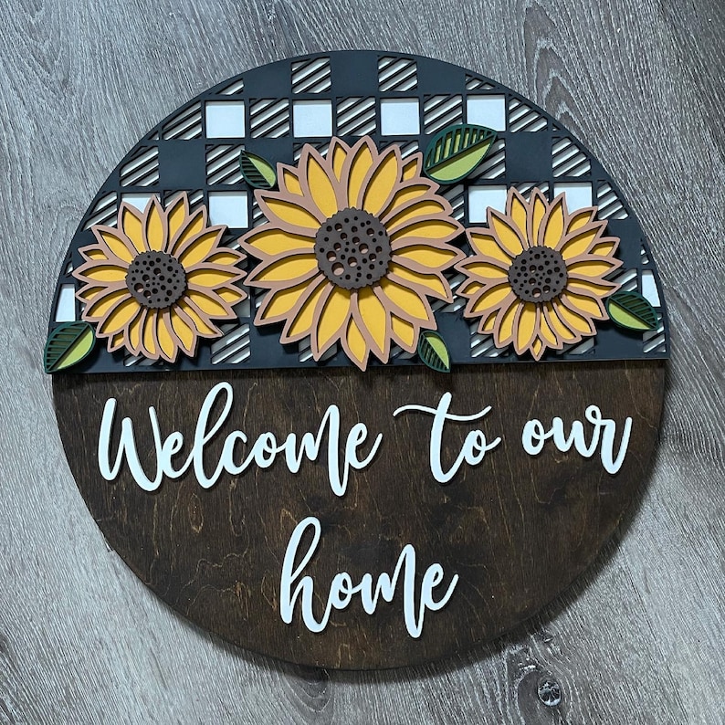 Buffalo Plaid Sunflower Welcome Sign Door Hanger SVG Digital - Etsy