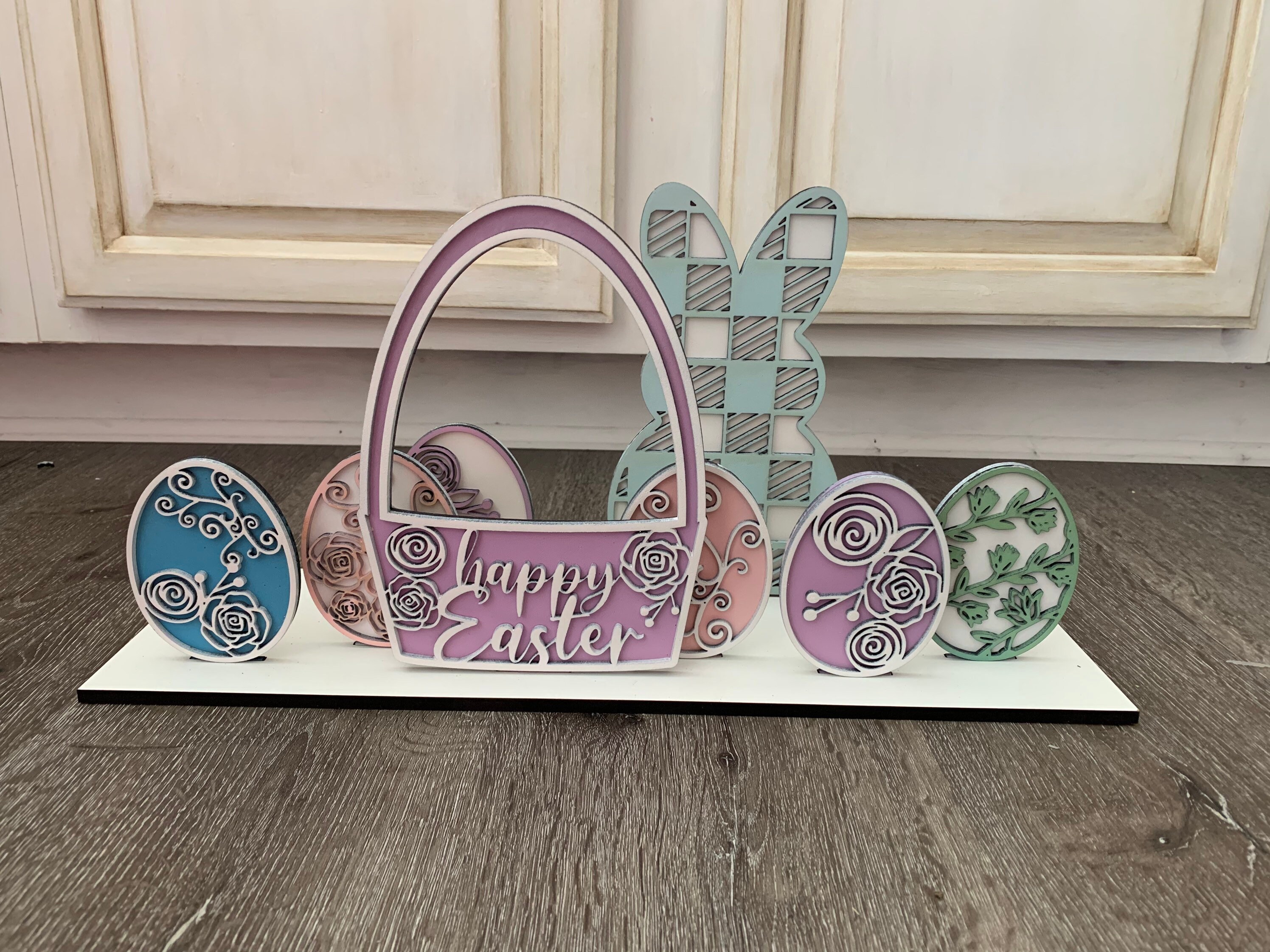 Happy Easter Set With Bunny, Basket, and 6 Easter Eggs With Stands and ...
