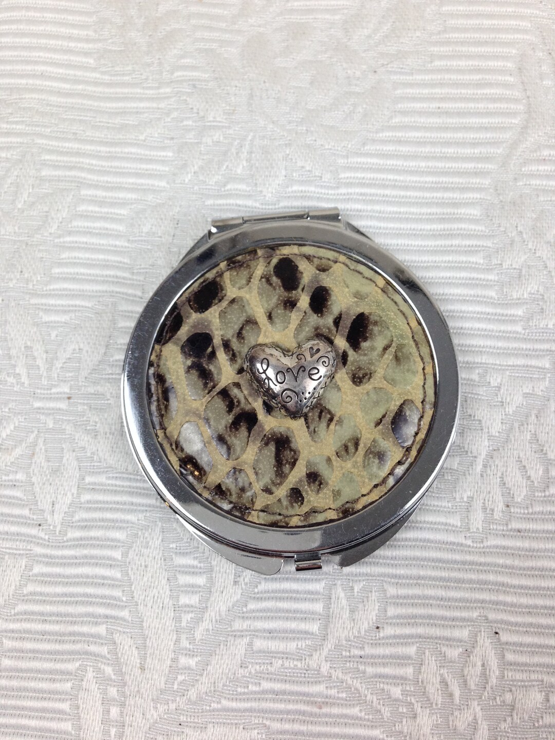 Molded Silver Metal Pocket Mirror With Molded Leather Cover and Small ...