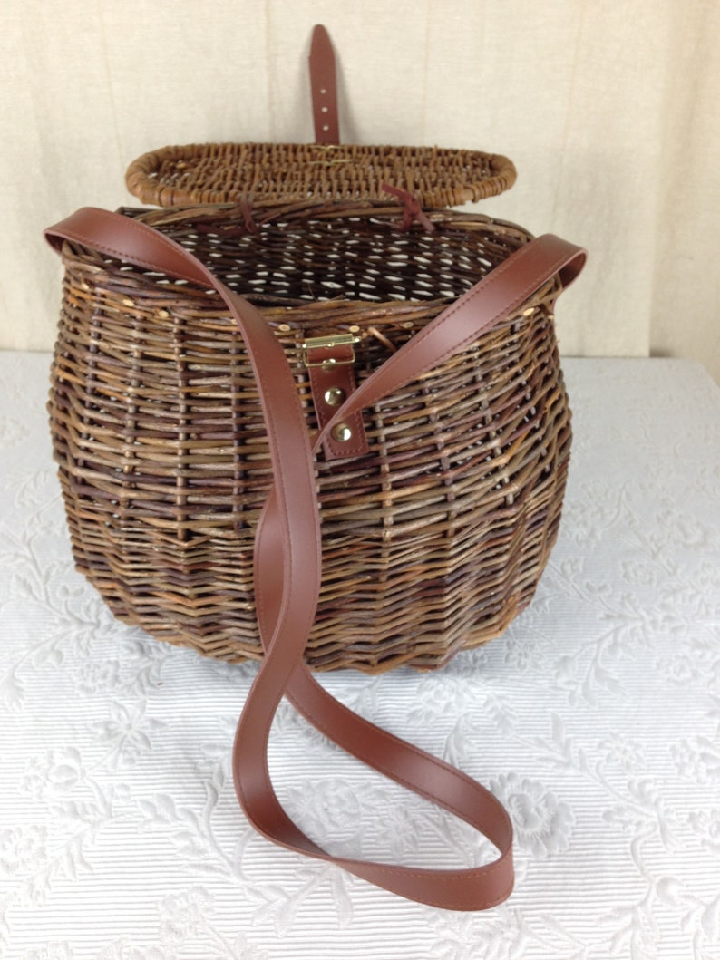 Vintage Large Wicker Fishing Creel Dark Brown With Leather - Etsy