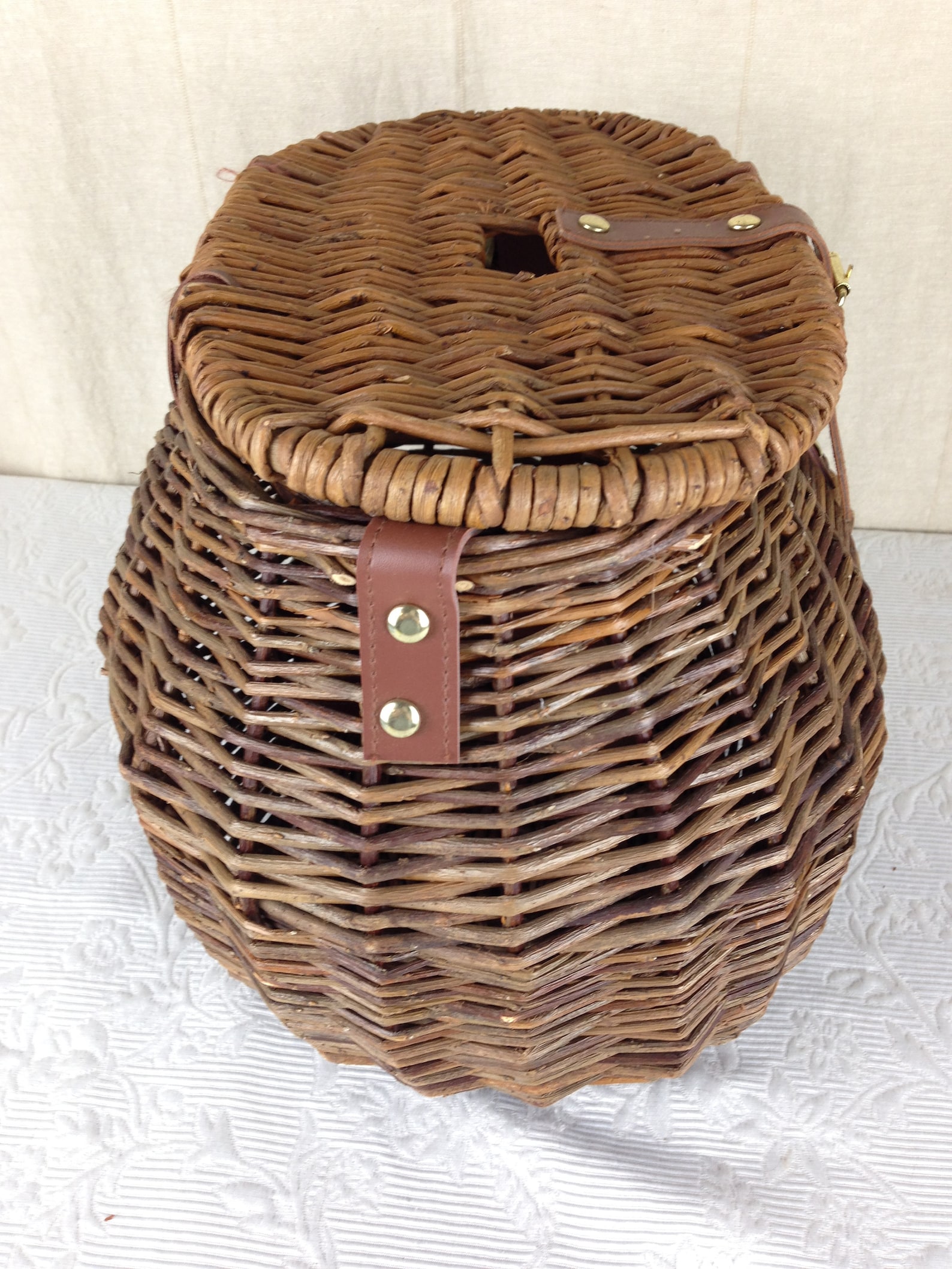 Vintage Large Wicker Fishing Creel Dark Brown With Leather - Etsy