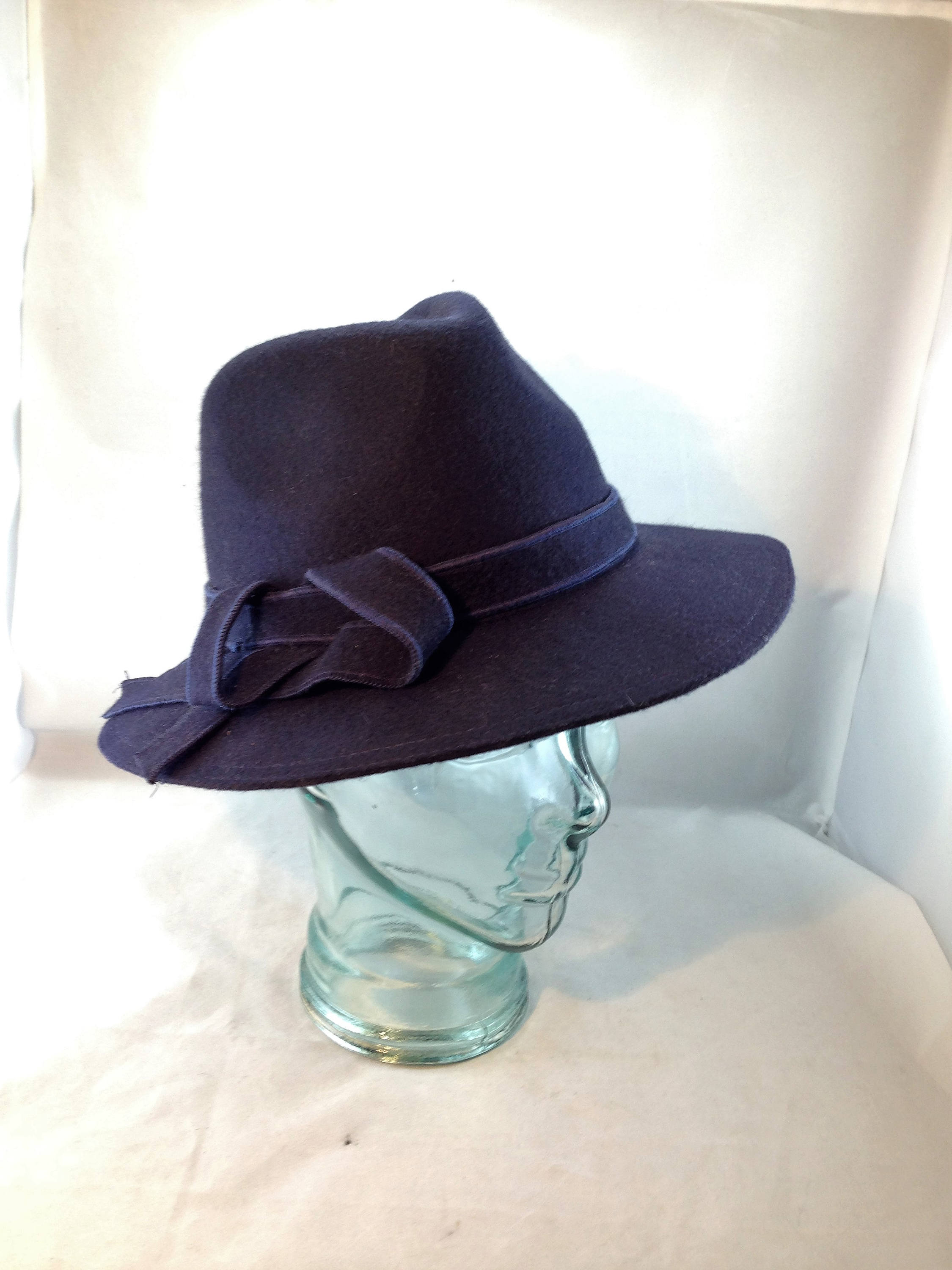 Women's Dark Blue Fedora Style Wool Hat with Matching | Etsy