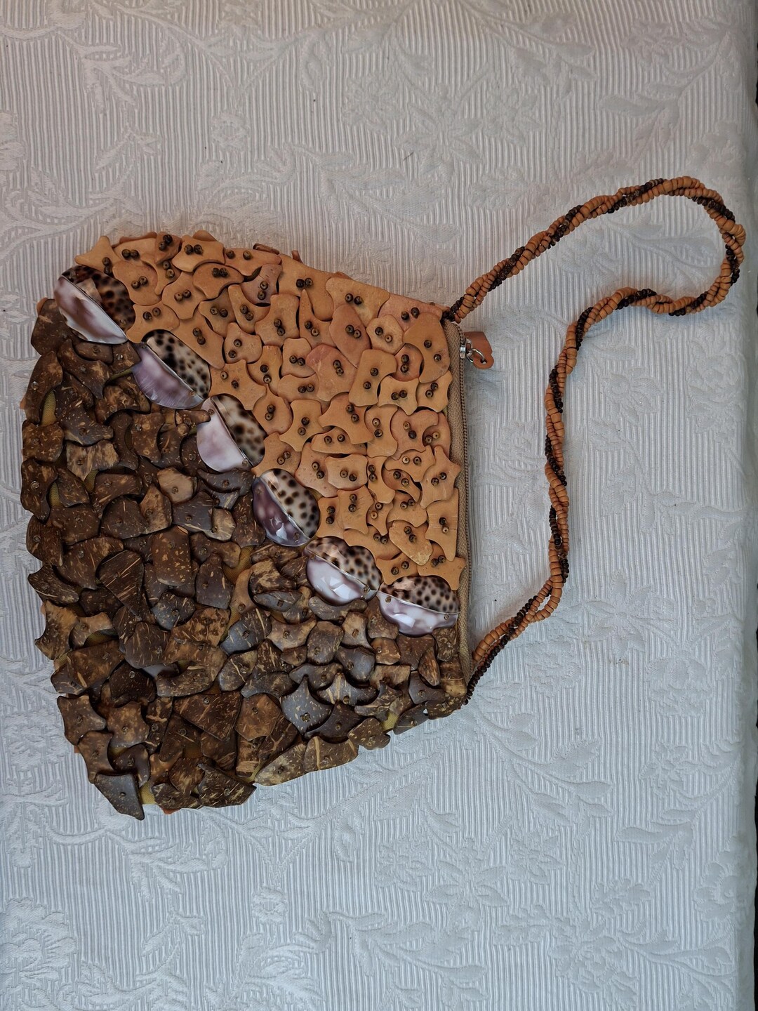 Vintage Coconut & Sea Shell Purse With Wooden Beaded Handle Made in the ...