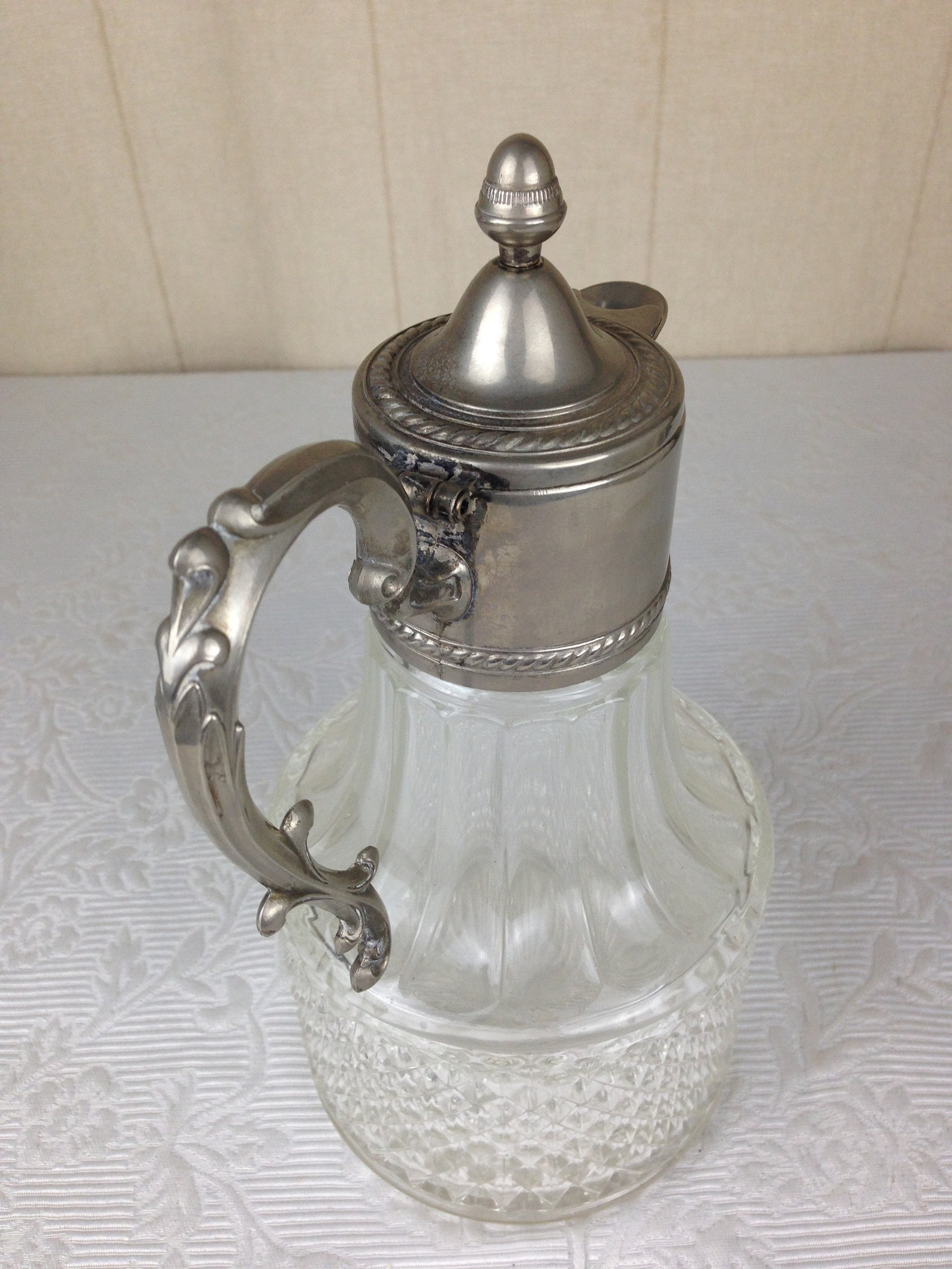Pressed Glass Carafe With Silver Metal Screw on Spout No Maker Mark ...