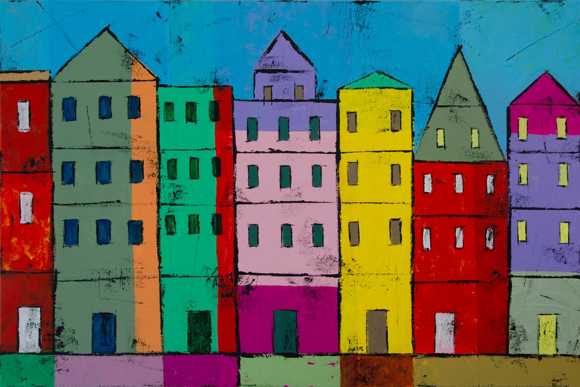 Cityscape Acrylic Painting, Bright Colorful Abstract Buildings ...