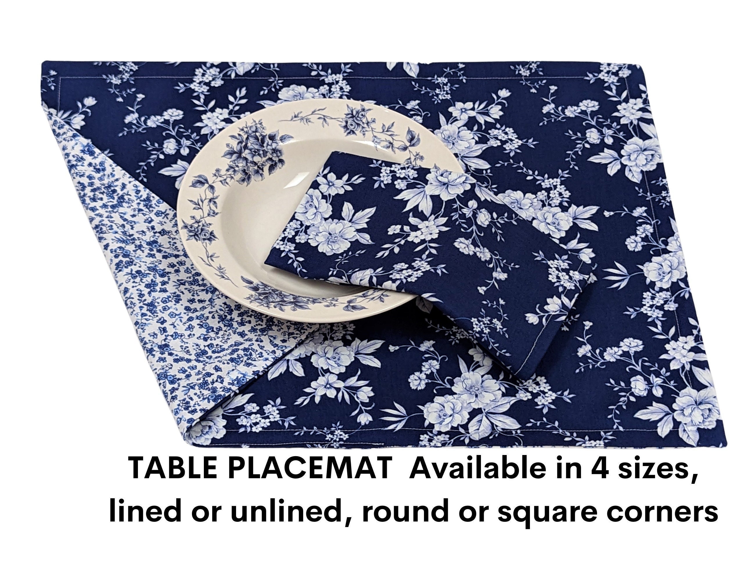 Placemats Table Kitchen Linens Royal Blue Indigo Floral Reversible ...