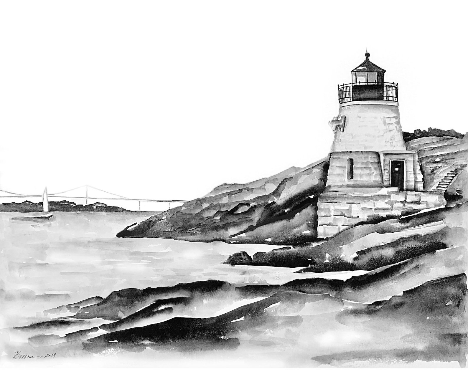 Ready to ship Newport lighthouse watercolor print. Newport RI | Etsy