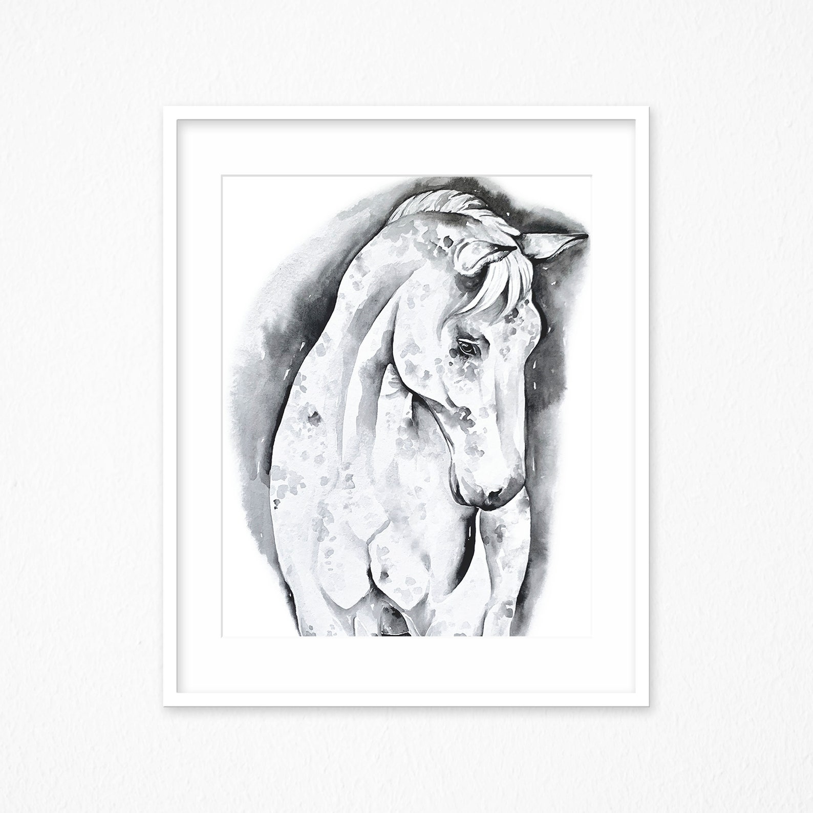 White Horse Watercolor Print. Black and White Horse | Etsy