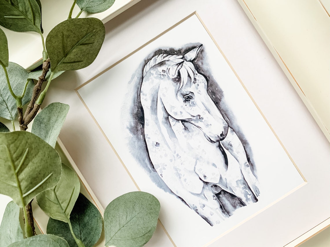 White Horse Watercolor Print. Black and White Horse | Etsy