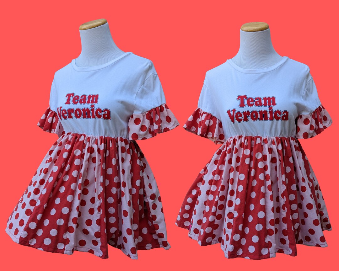 Handmade, Upcycled Archie's Team Veronica T-shirt Dress With Red and White Polka Dot Fabric Size ...