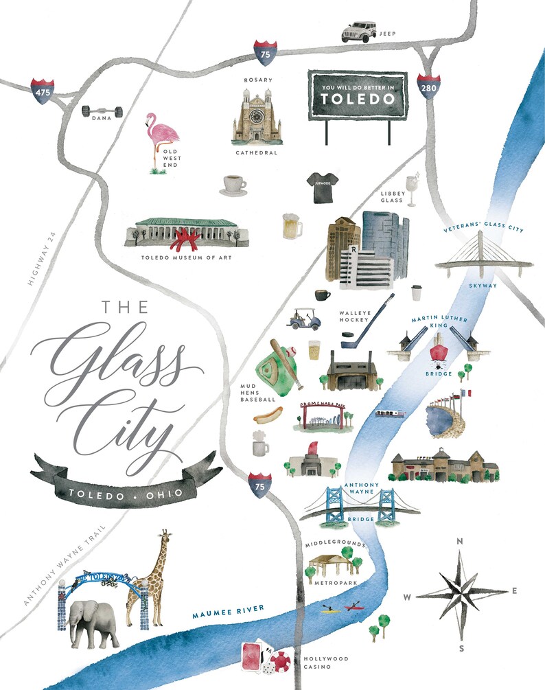 Toledo Ohio Downtown Watercolor Map Art Print/ Wall Decor / - Etsy