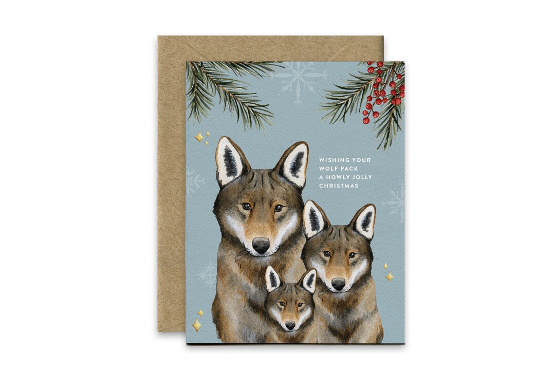 Red Wolf Pack Howly Jolly Christmas Card Happy Holidays Nature Wildlife ...