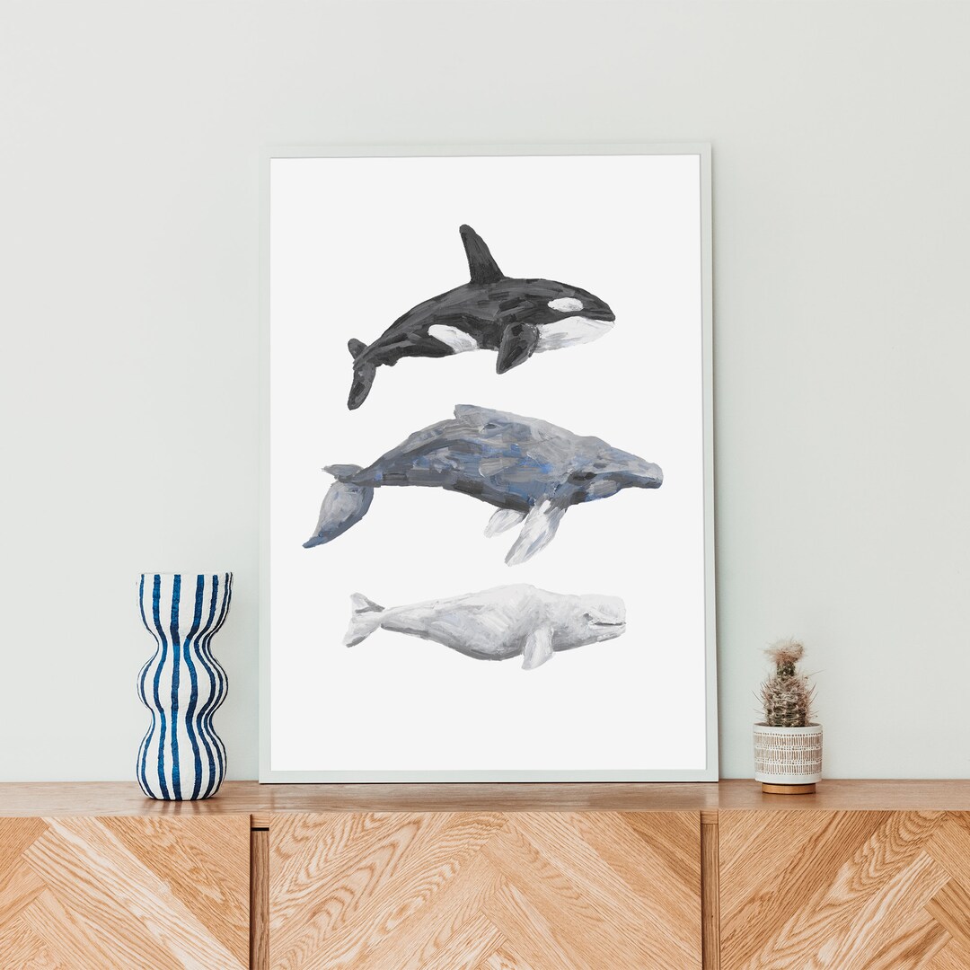Whale Print Painting Humpback Orca and Beluga Modern Coastal - Etsy