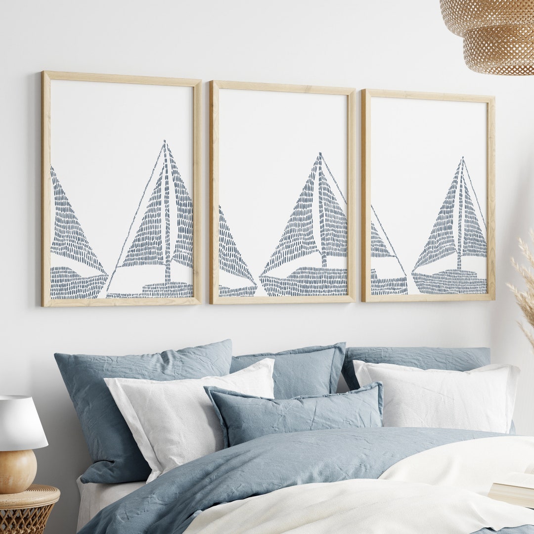 Sailboat Print Triptych | Blue & White Nautical Decor, Coastal Set of 3 ...