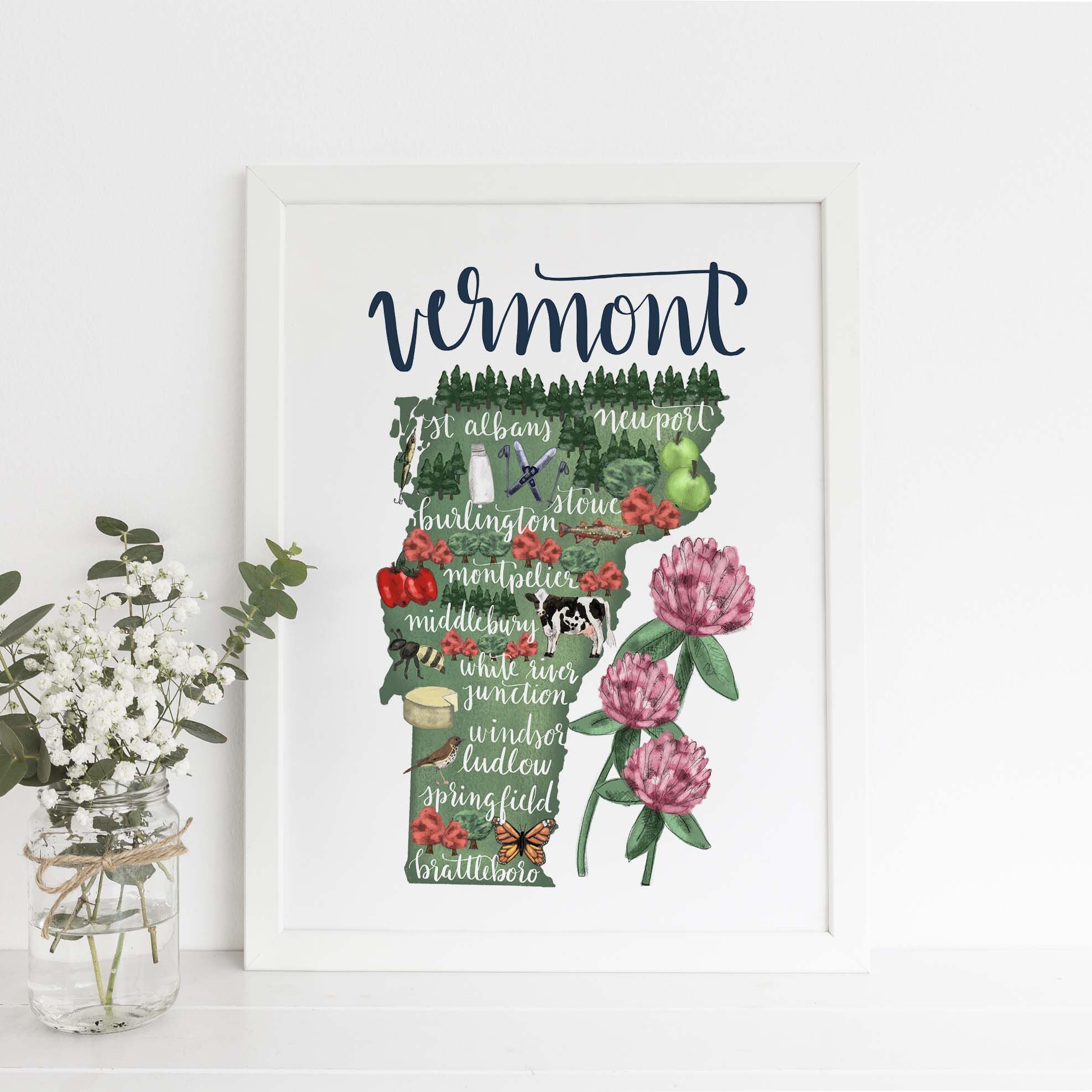 Vermont Print State Map Sign Gift Illustration VT Decor - Etsy