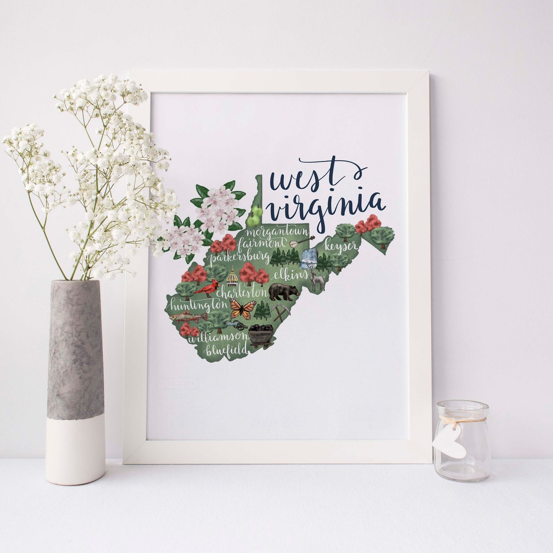 West Virginia Map Home State Landmark WV Gift Drawing Decor - Etsy