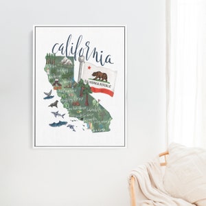 California Wall Print | State Map Artwork With Landmark Illustration ...