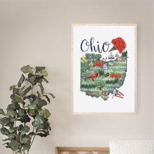 Ohio State Map Landmark Drawing OH Columbus Cincinnati Gift Idea Art ...