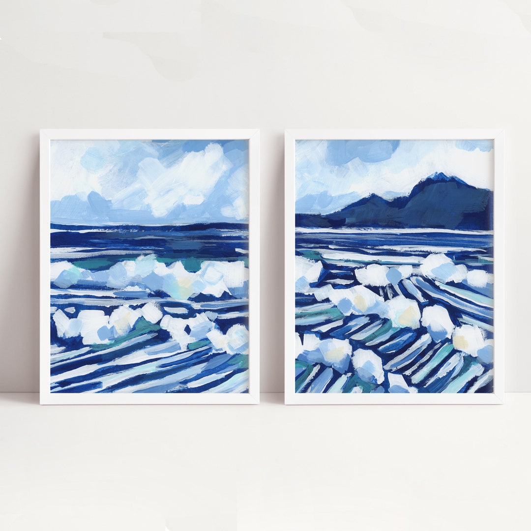 Ocean Waves Bold Modern Seascape Painting Blue and White Diptych Art ...