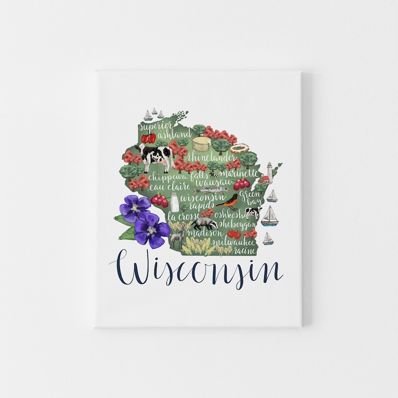 Wisconsin State Map Gift | Home Town Landmark Illustrated Wall Art ...