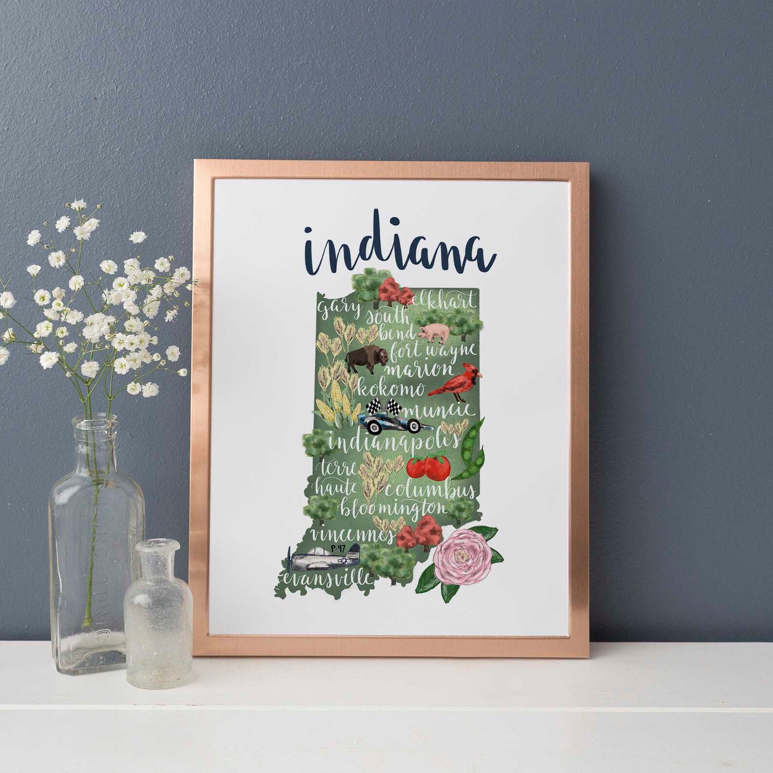 Indiana Map Home State Prints Indianapolis Hoosier State Gift | Etsy