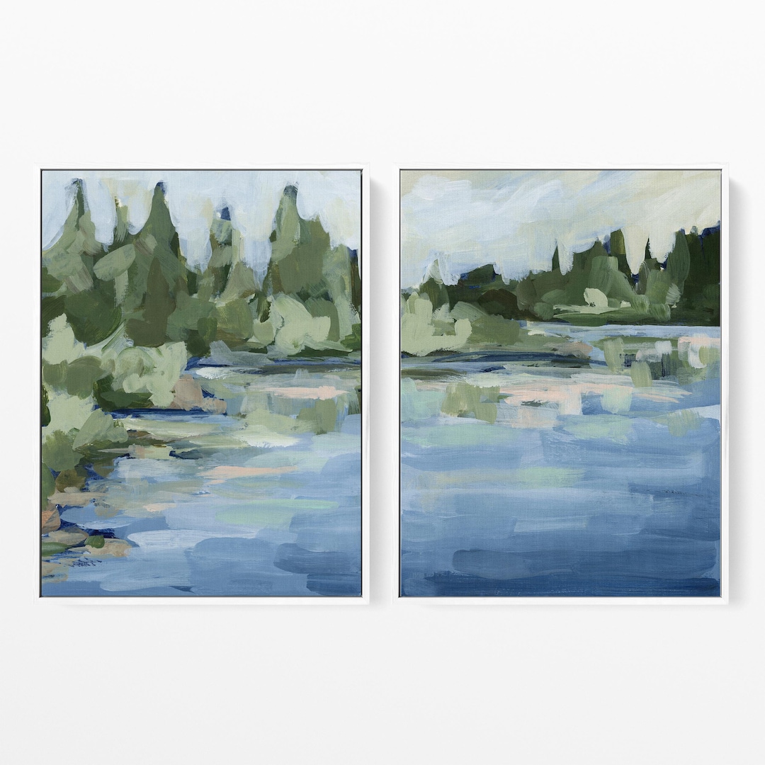 Lake Landscape Painting | "lakefront Views" - Set of 2 - Art Prints or ...