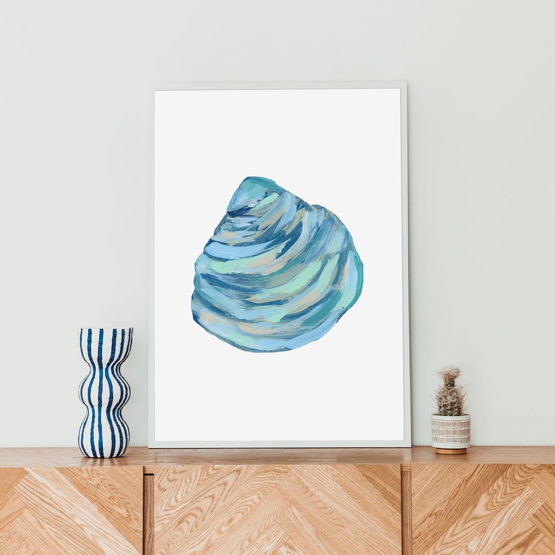 Aqua Quahog Shell Art | Coastal Still‑life Painting for Beach Bedroom ...