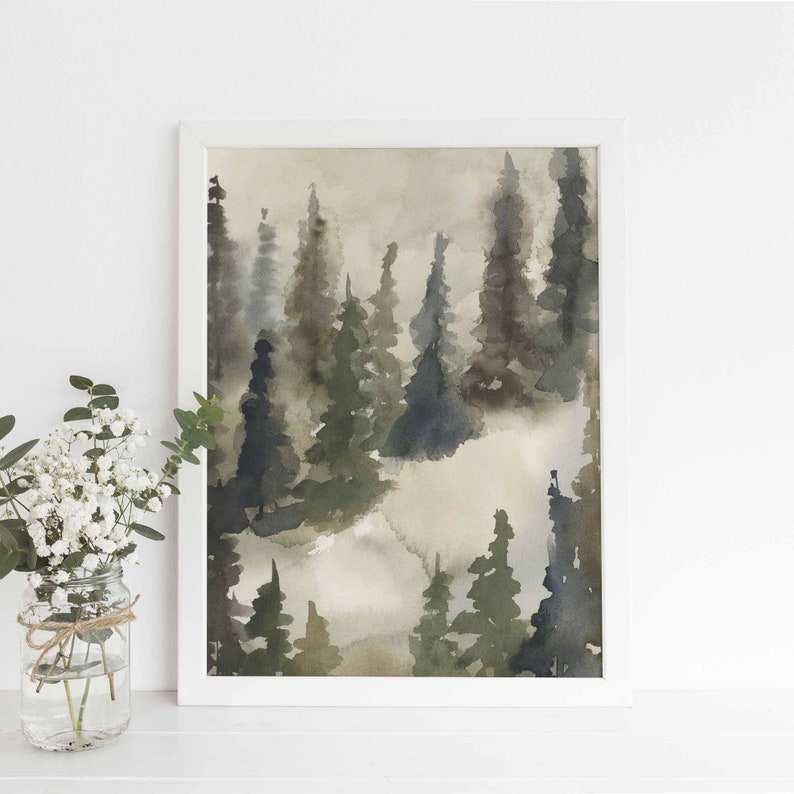 Misty Tree Line Art Modern Forest Trees Watercolor Painting - Etsy