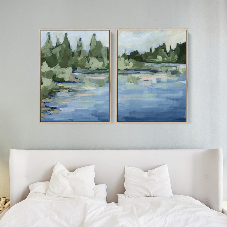Lake Landscape Painting | "lakefront Views" - Set of 2 - Art Prints or ...