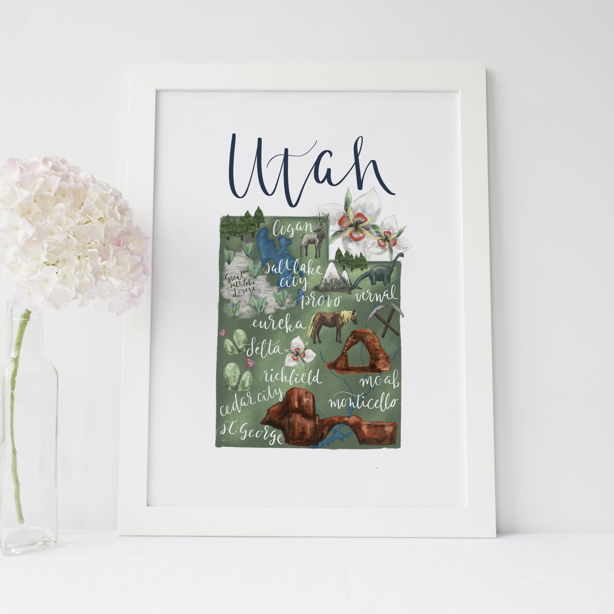 Utah State Map Landmark Illustration Drawing Salt Lake City - Etsy