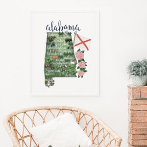 Alabama Home State Map Poster | Illustrated AL Bama Gift Idea for ...